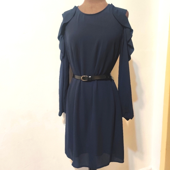 Eclair | Dresses | Eclair Ruffled Cold Shoulder Aline Dress Navy Blue ...